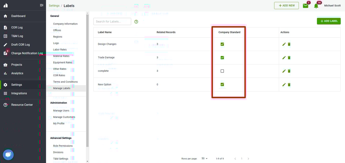 Creating and Adding Labels to T&M Tags and COR's