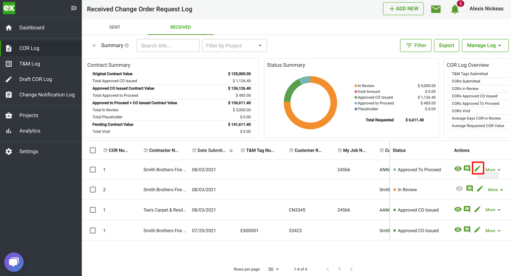 How to Change the Status of a Change Order Request in the COR Log