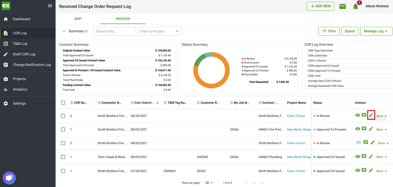 How to Mark a Change Order Request Approved in the Clearstory COR log