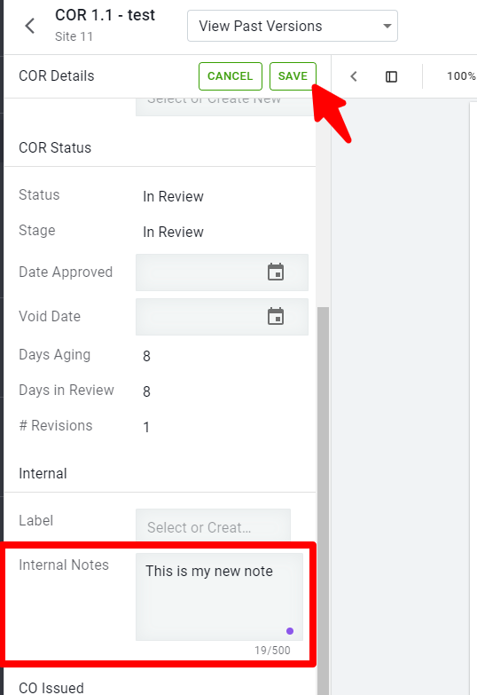 How to Add Internal Notes to your Change Order Request (COR)