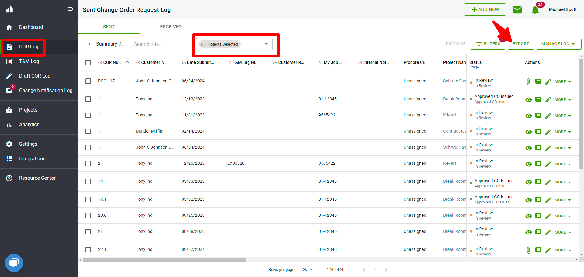 Exporting your Change Order Request log (COR log)