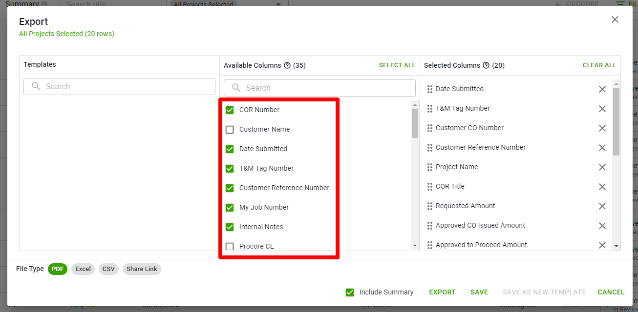 Exporting your Change Order Request log (COR log)