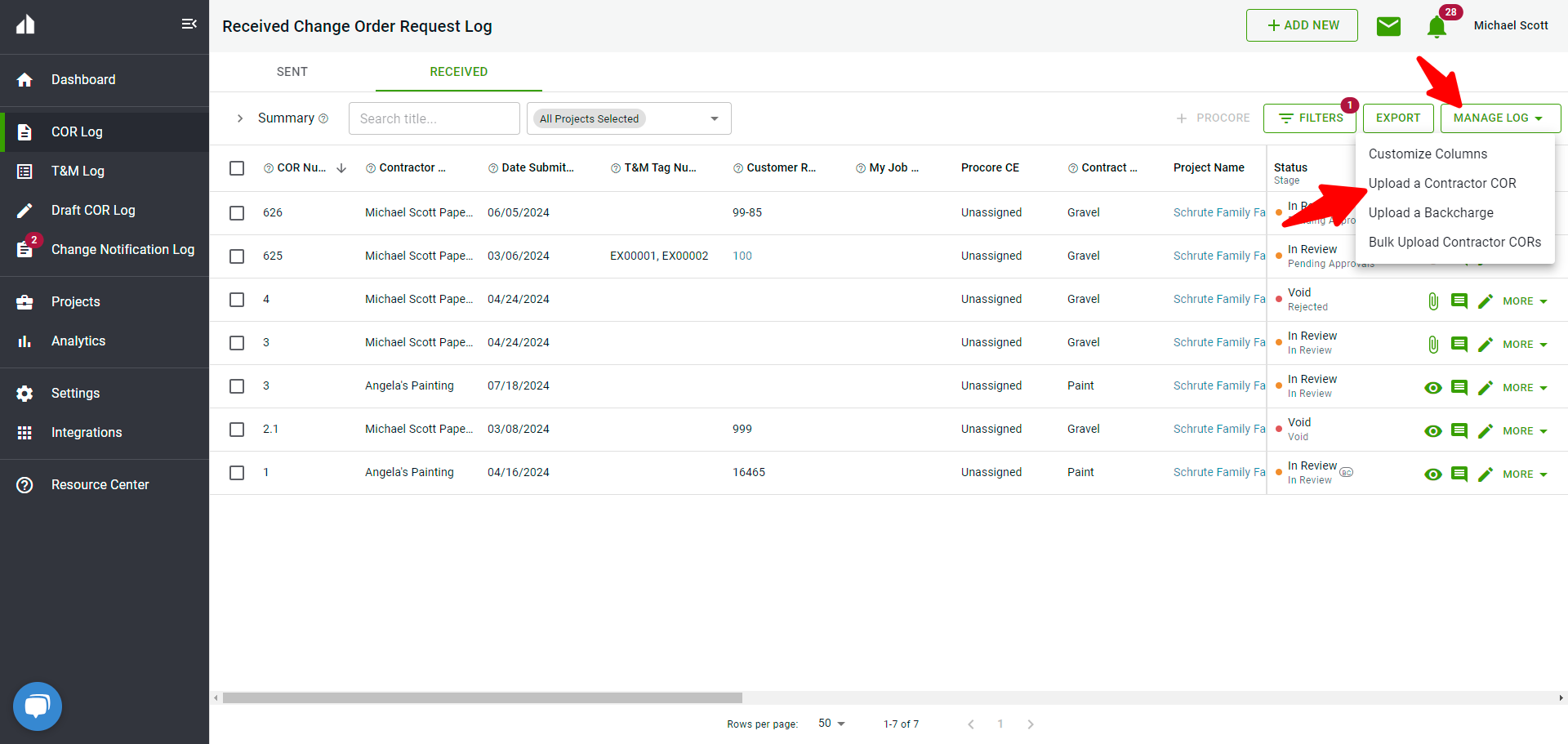 Upload a received Change Order Request (COR) on your Contractor's behalf