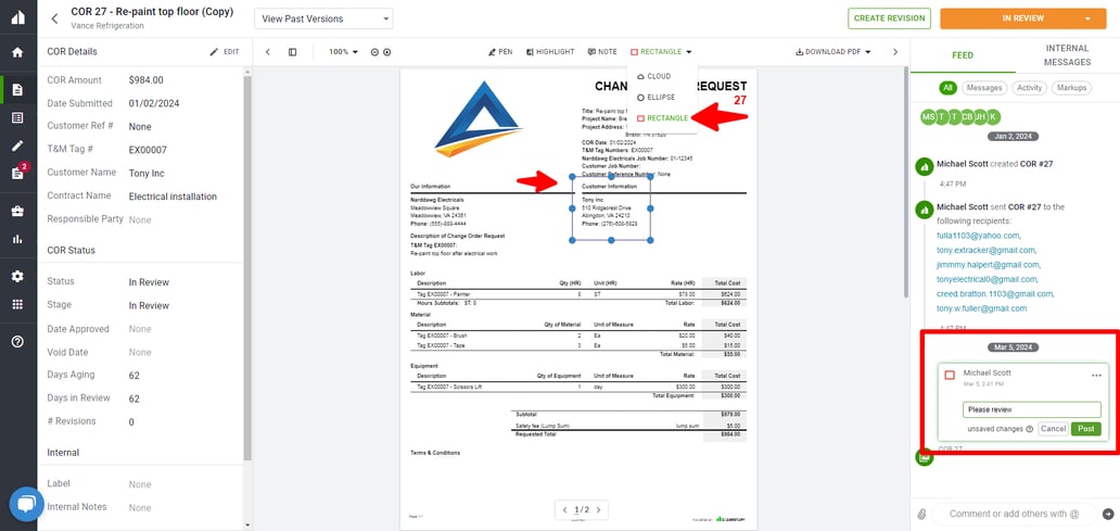 Annotations and Markups on Change Order Request (COR) PDFs