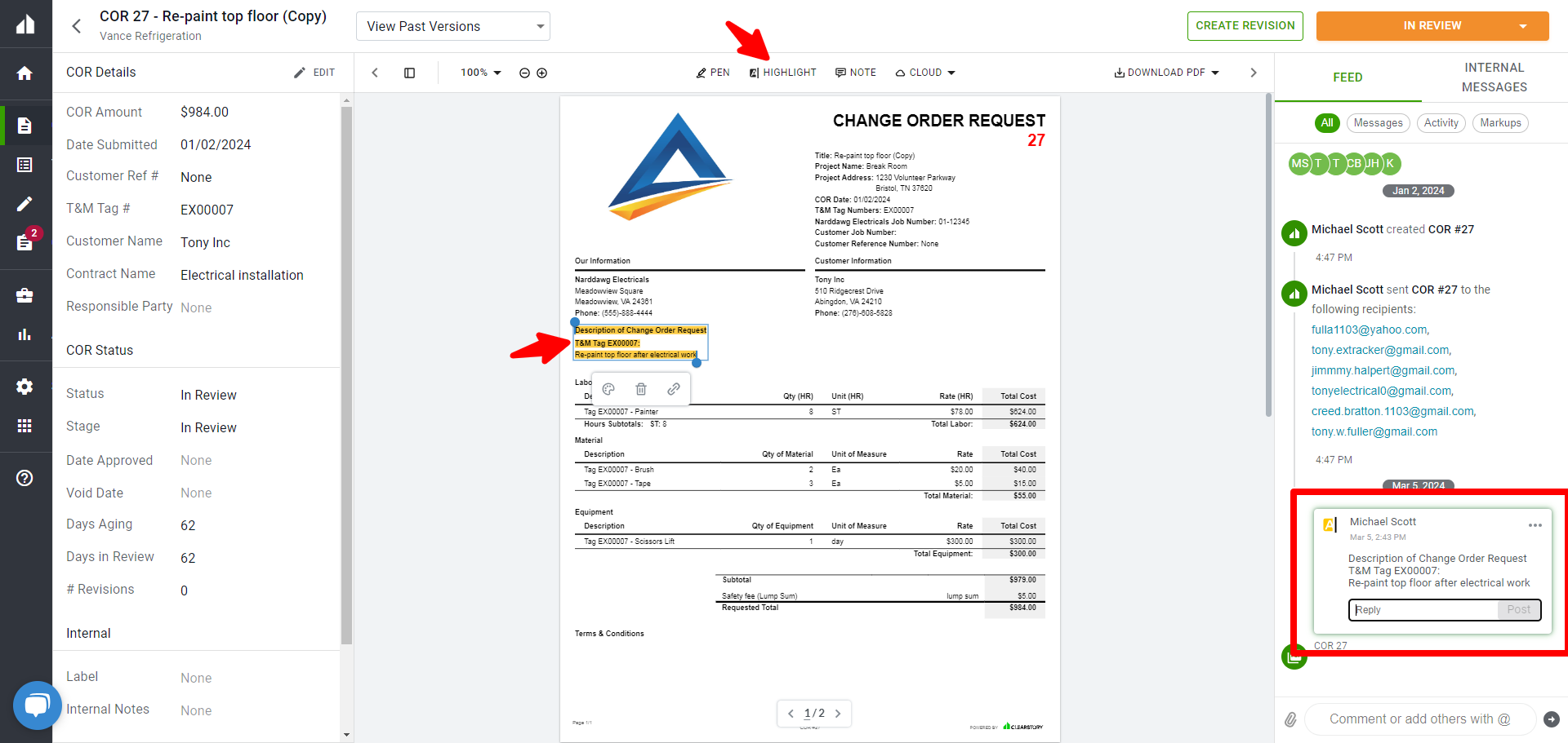 Annotations and Markups on Change Order Request (COR) PDFs