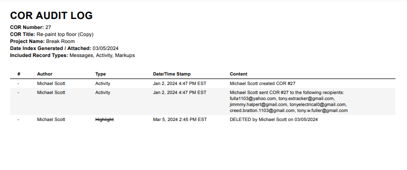 Annotations and Markups on Change Order Request (COR) PDFs