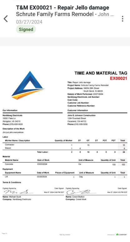 Create a Time and Material Tag on the Clearstory Mobile App